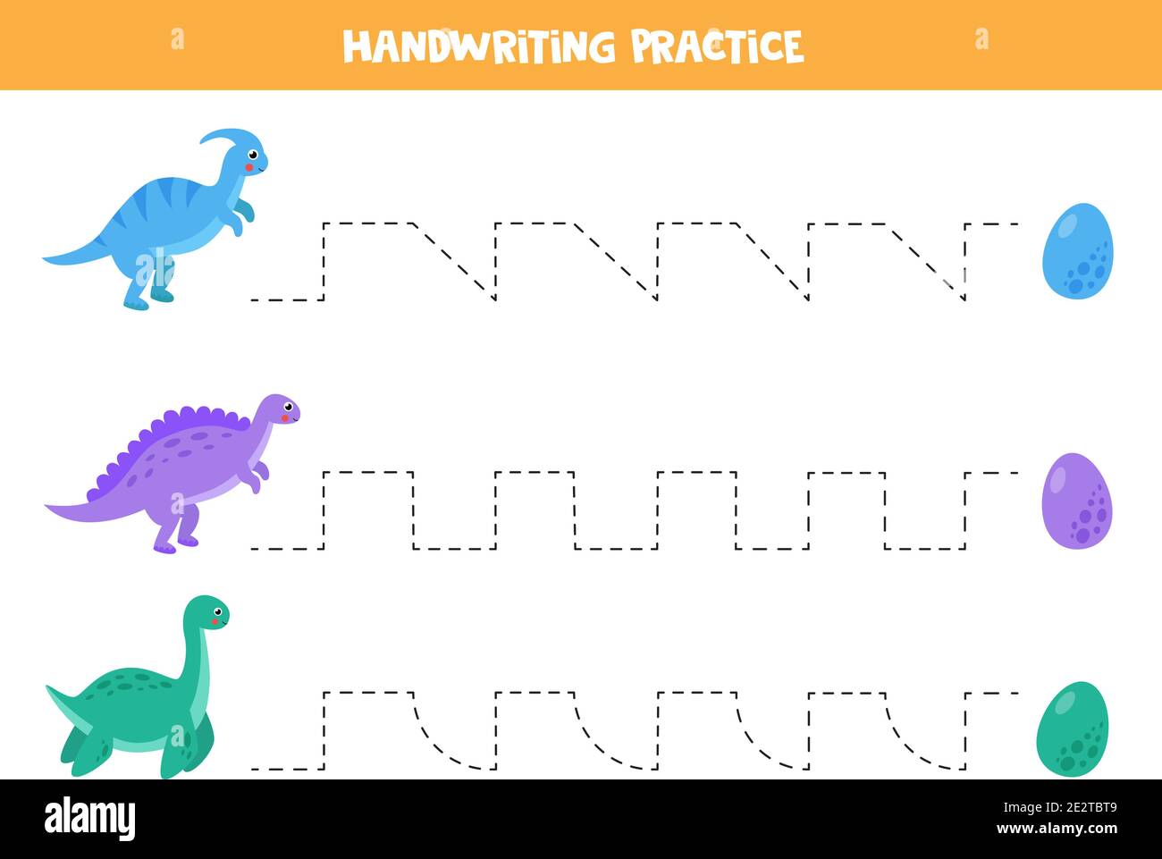 Trace the lines activity page with cute dinosaurs and eggs. Handwriting ...