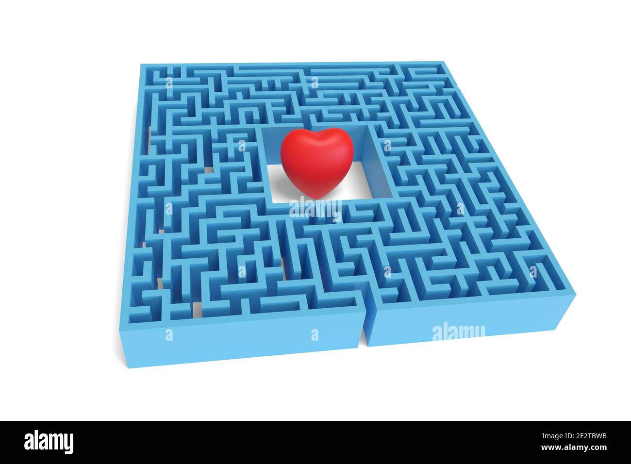 Red heart in the middle of a maze isolated on a white background. 3d ...