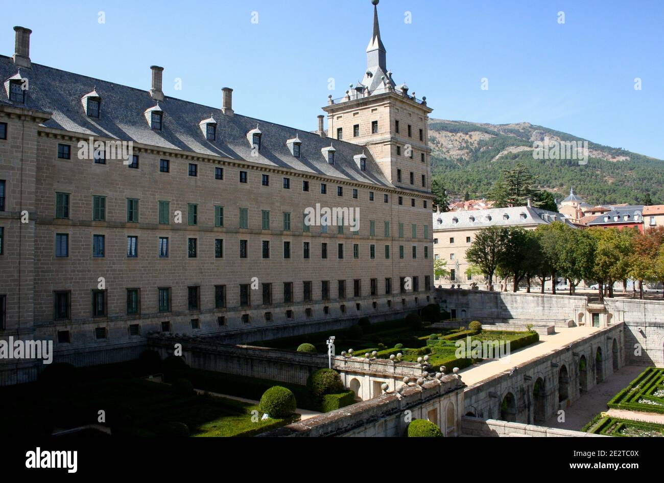 The north facade and gardens of the friars of El Escorial royal palace ...