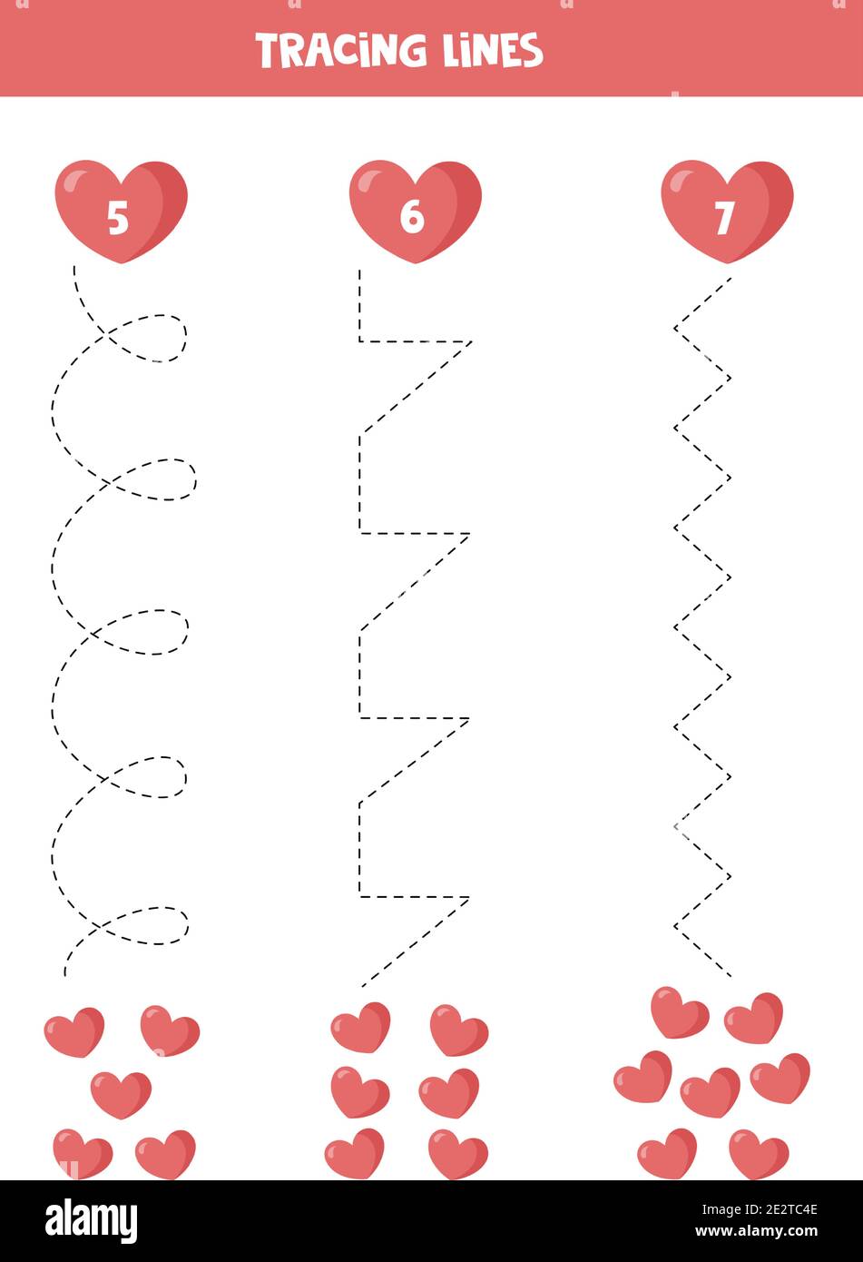 Tracing lines with cute cartoon valentine hearts. Trace and count Stock ...