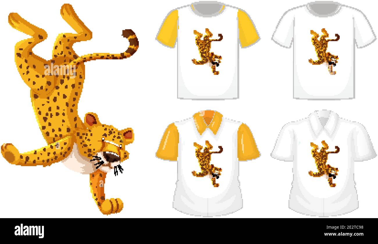Leopard in dancing position cartoon character with many types of shirts ...