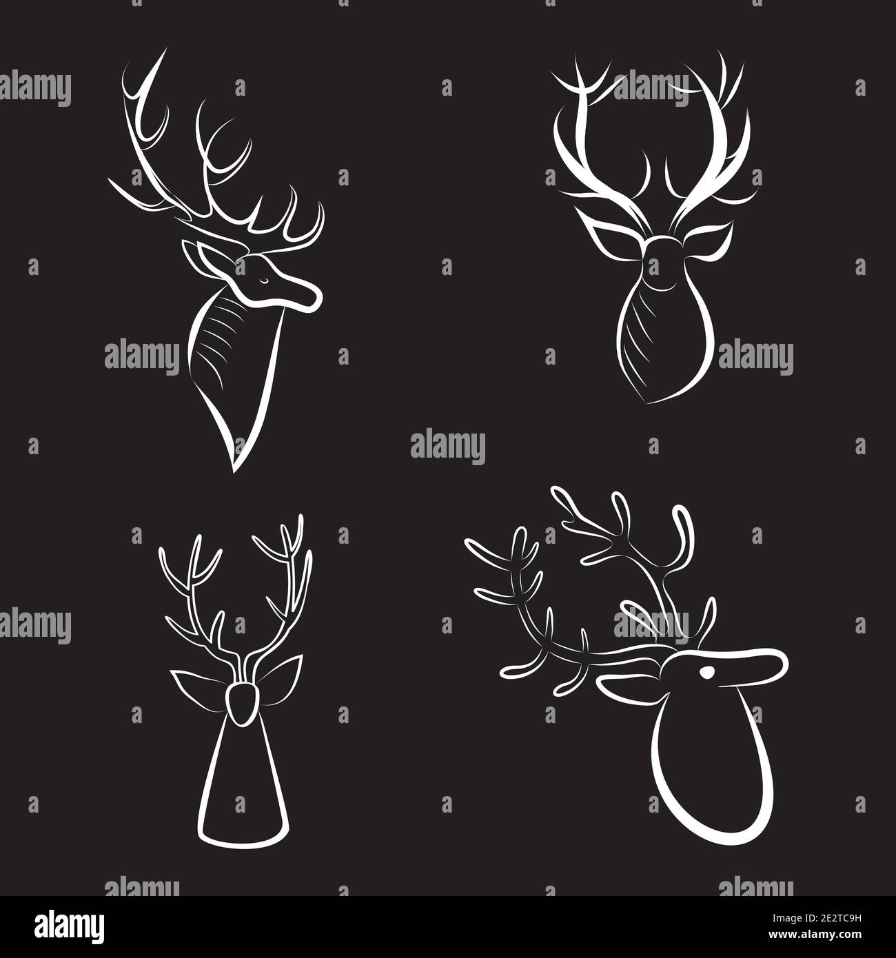 Deer heads white outlines. Contour silhouettes set of reindeer heads ...