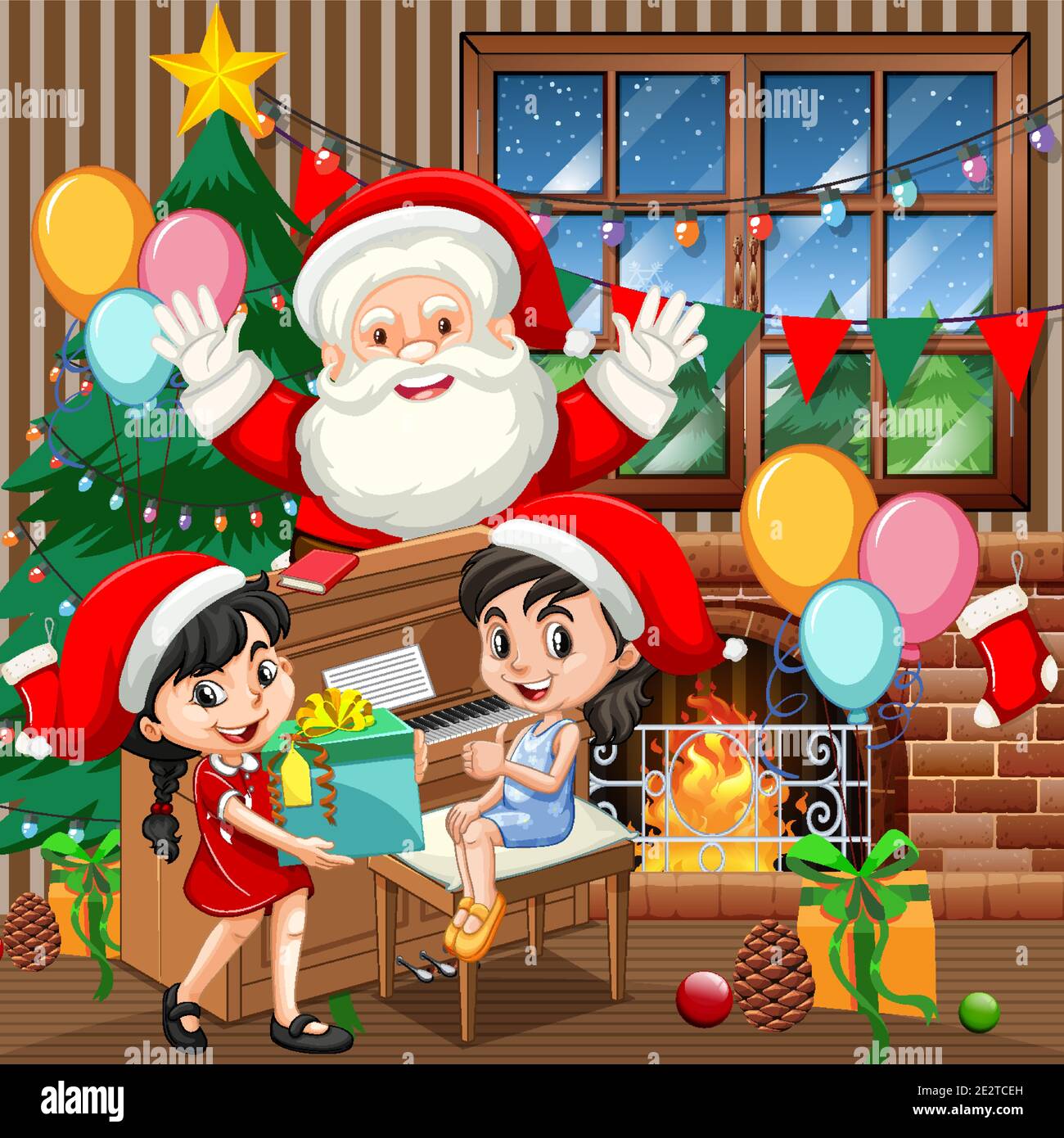 Santa Claus with two girl playing piano in christmas day scene ...