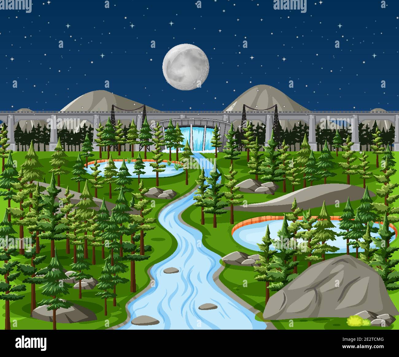Dam in nature landscape at night scene illustration Stock Vector Image ...