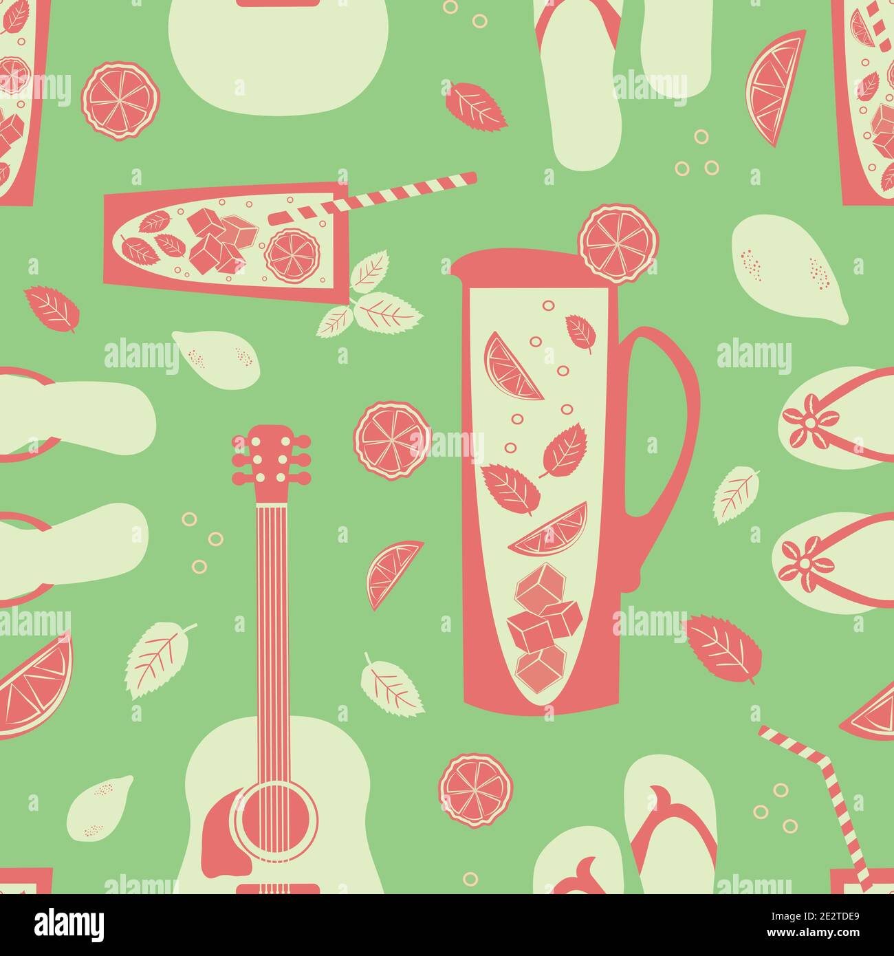Cocktail pitcher, glass, flip flop, guitar vector seamless pattern ...