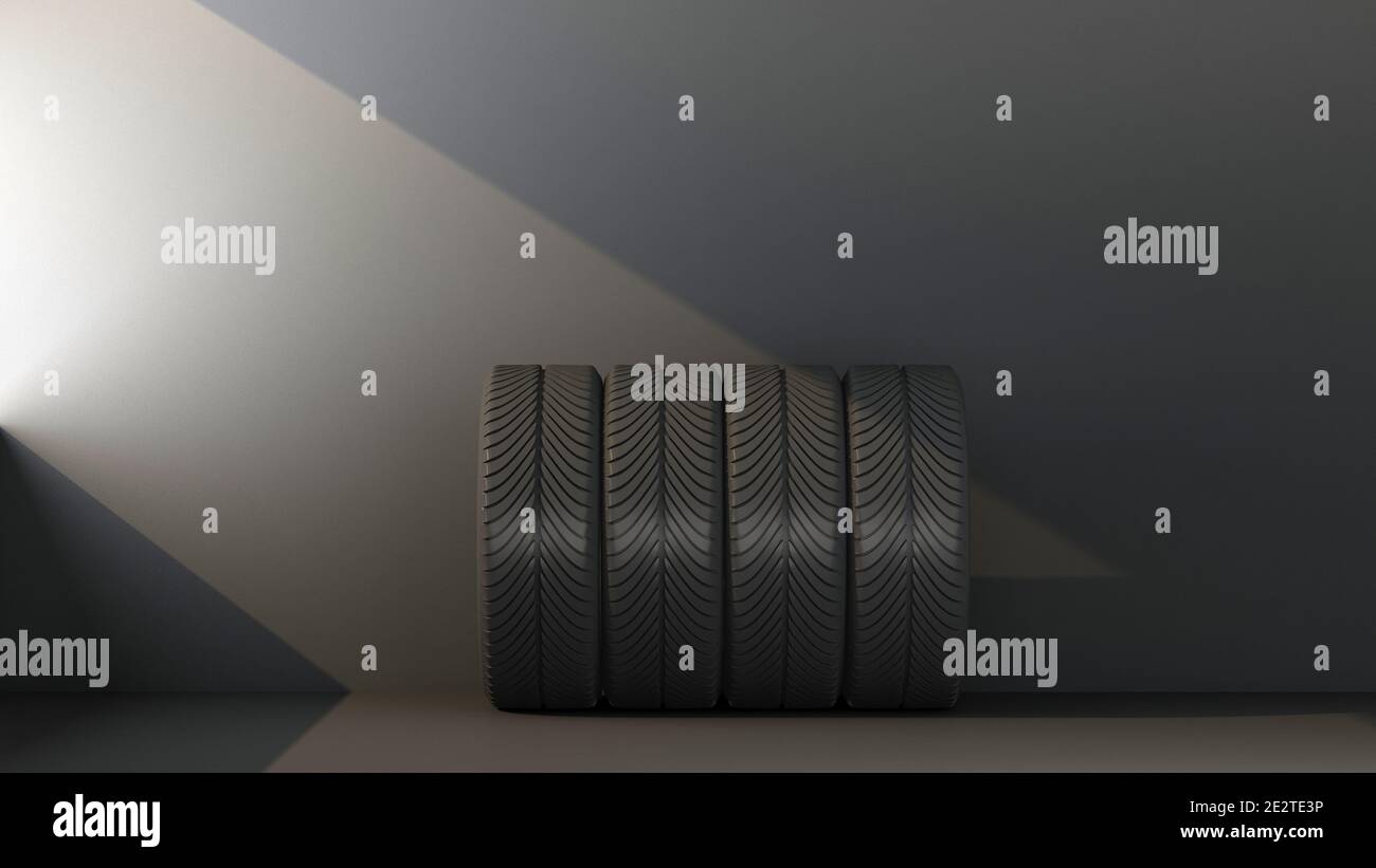 car tires are illuminated by beam of light. 3d rendering Stock Photo ...