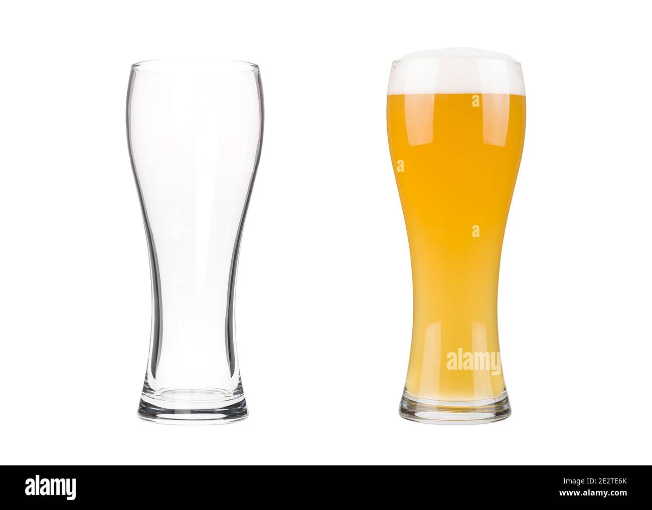 Two beer glasses isolated on white background. Mug filled with blond ...