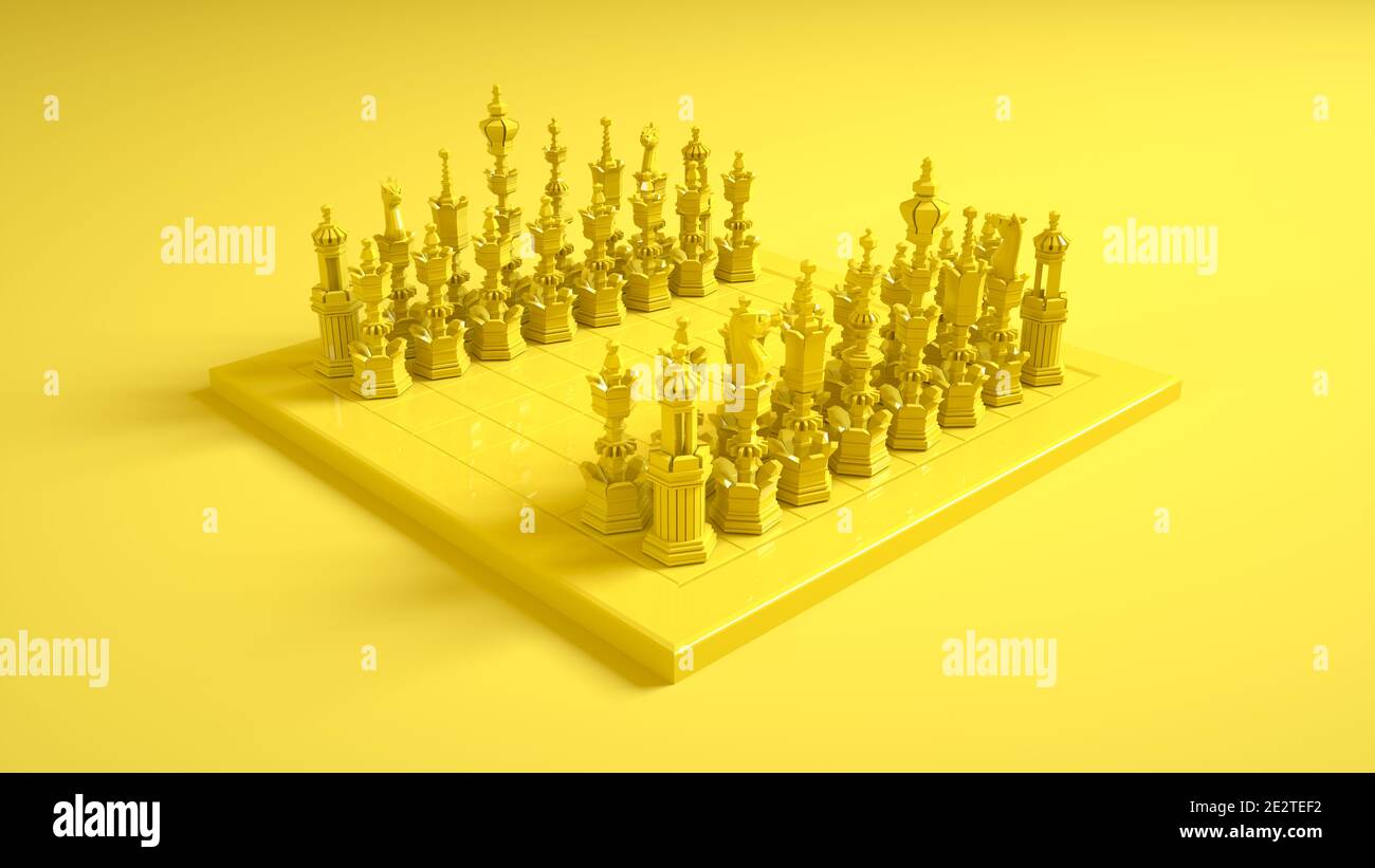 Chess Board and Pieces isolated on yellow background. 3d illustration ...