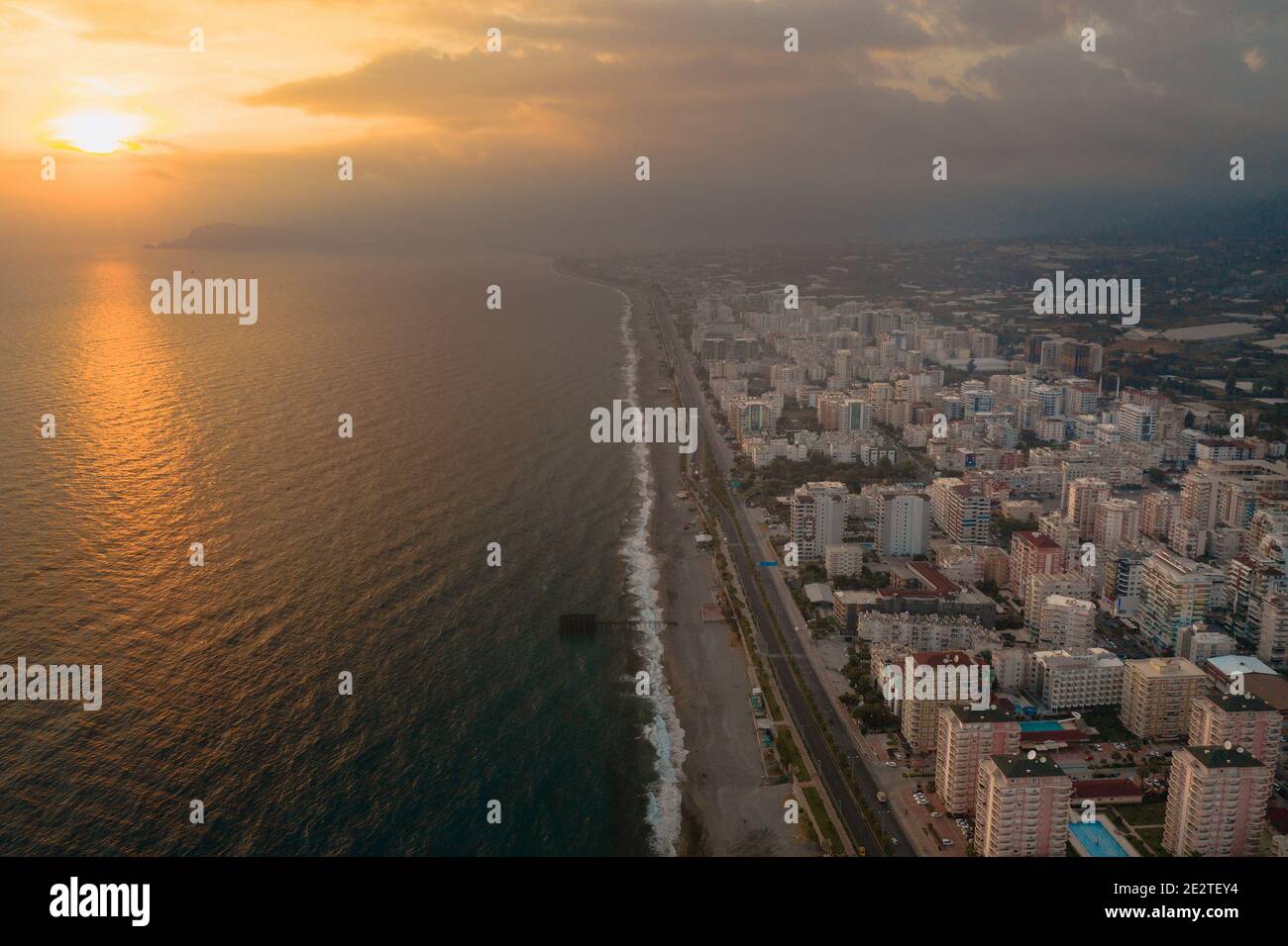 Aerial view of the Antalya city. Mediterranean sea, and the coast of ...