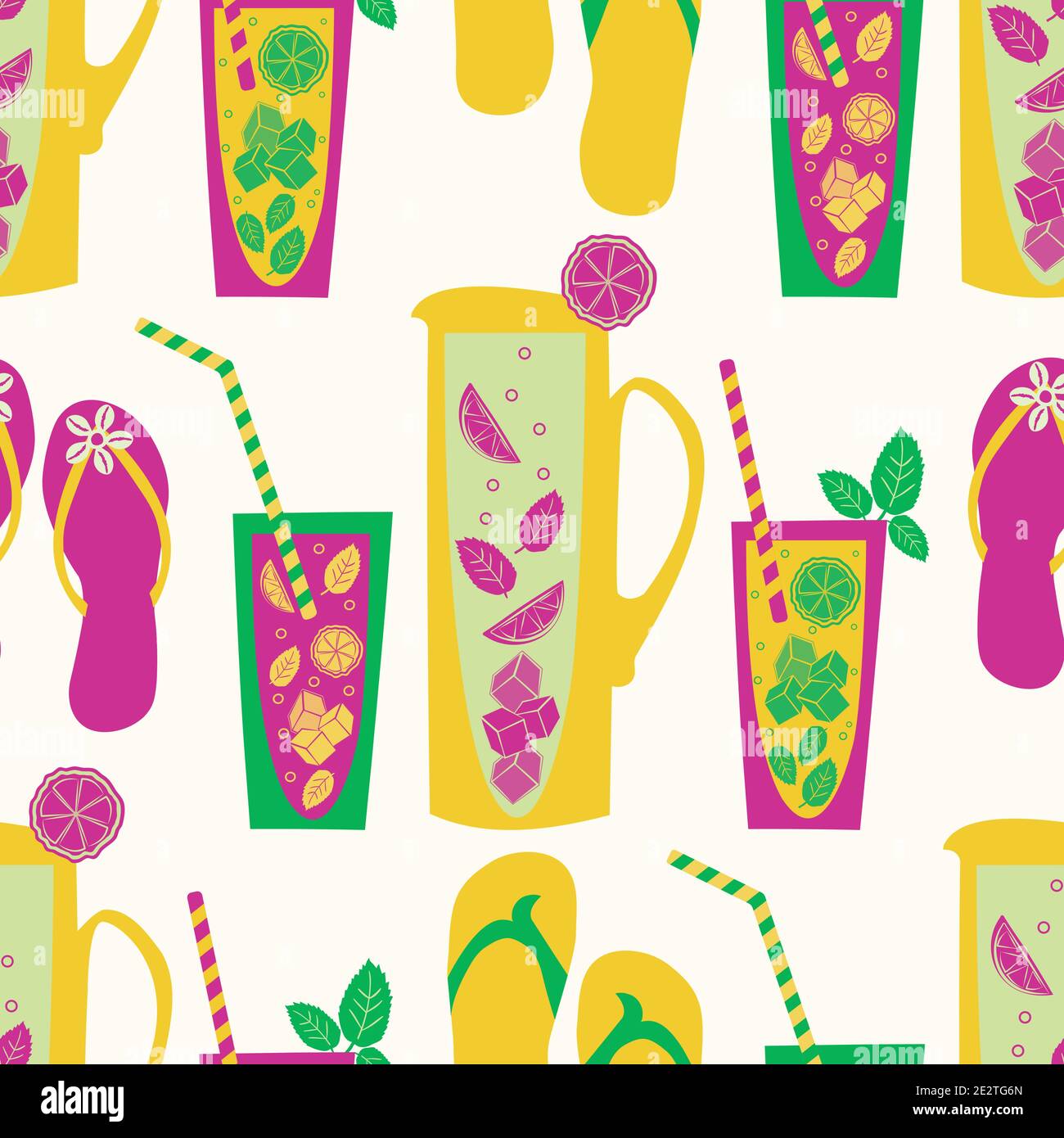 Fun lemonade pitcher, glass, flip flop vector seamless pattern ...