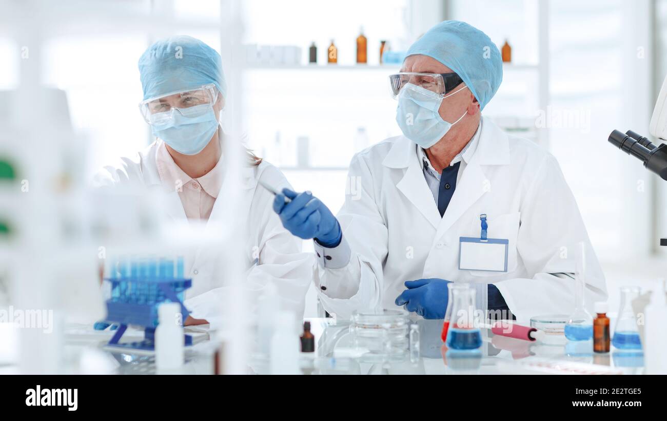 scientific colleagues discuss sitting at the laboratory table Stock ...