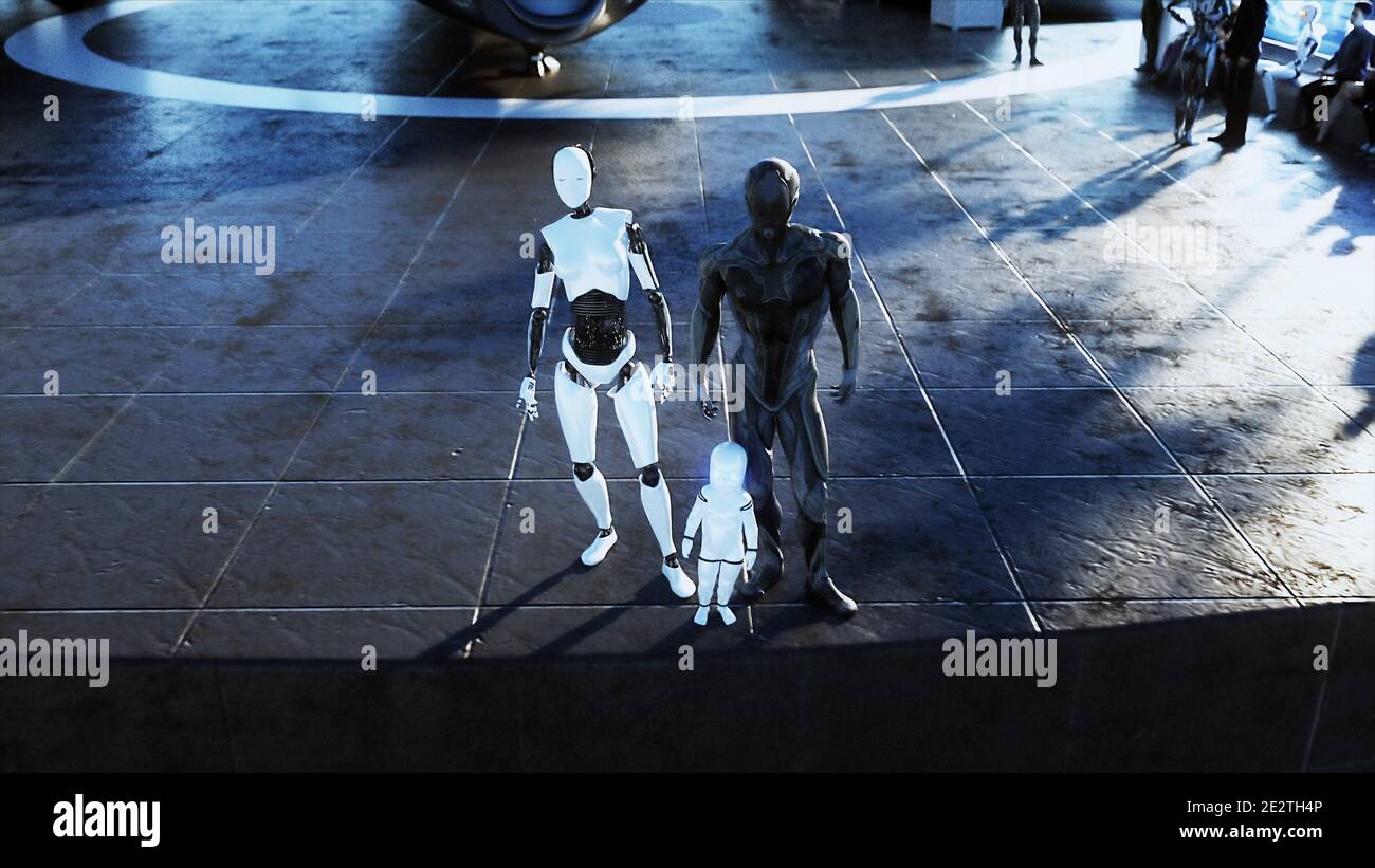 robotic family at a futuristic station in the clouds, against the ...