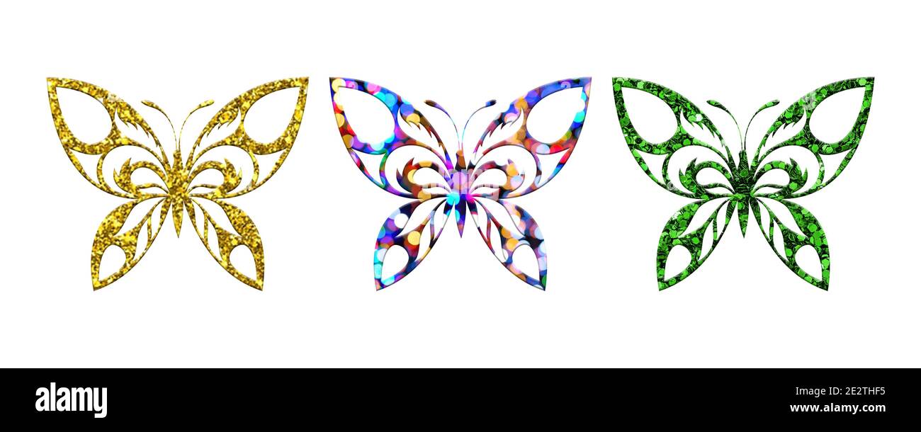 Three butterflies with different patterns isolated on a white ...