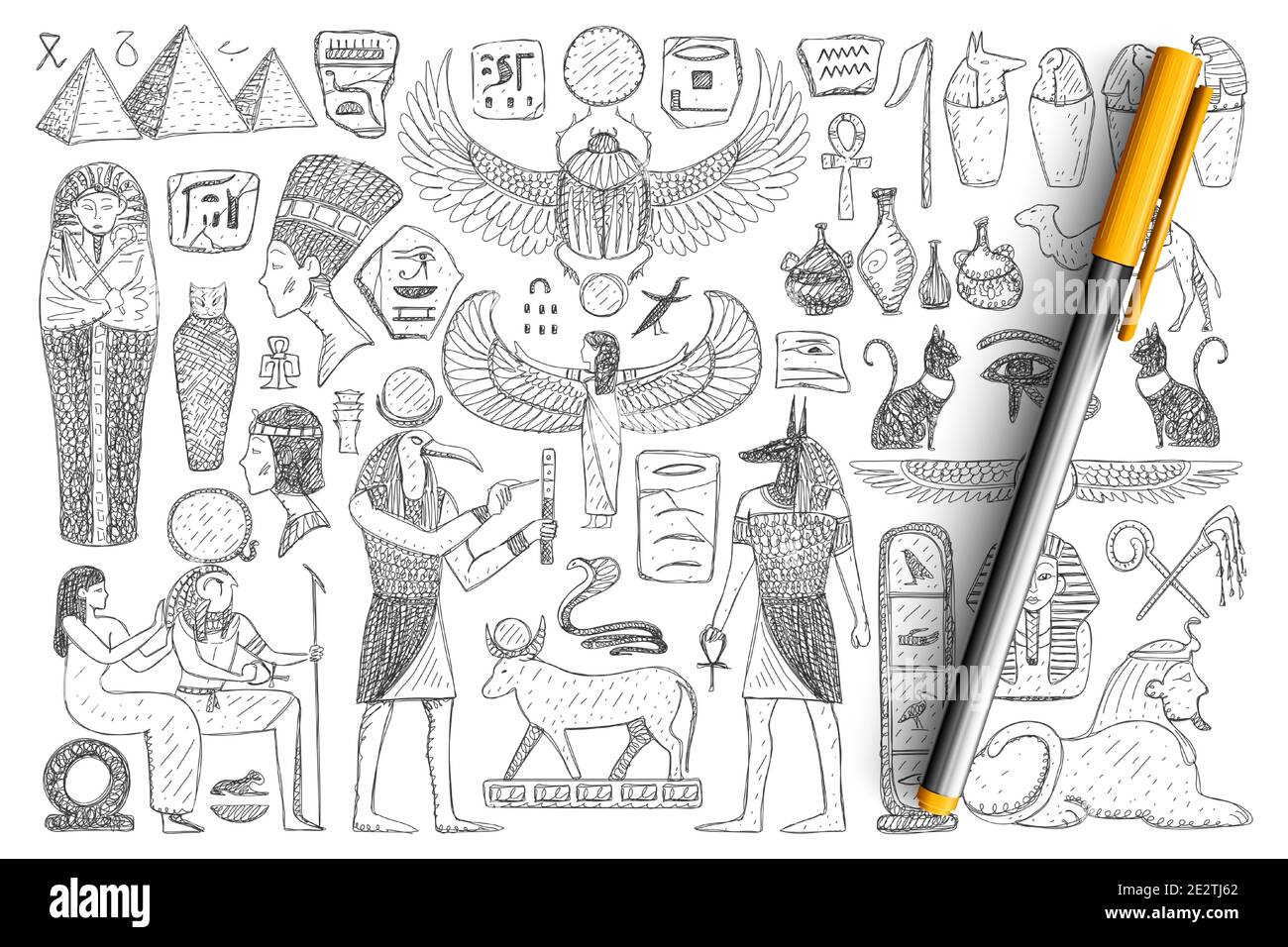 Ancient Egyptian symbols doodle set. Collection of hand drawn pyramids ...