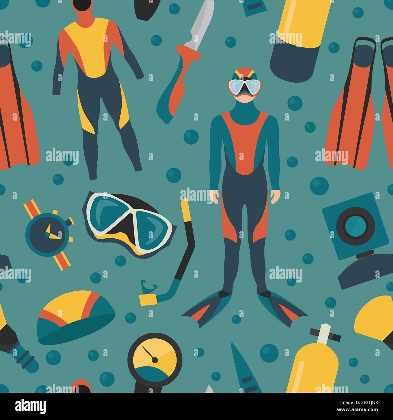 Sporting gear set. Diving equipment and scuba diver male seamless pattern.Vector illustration ...