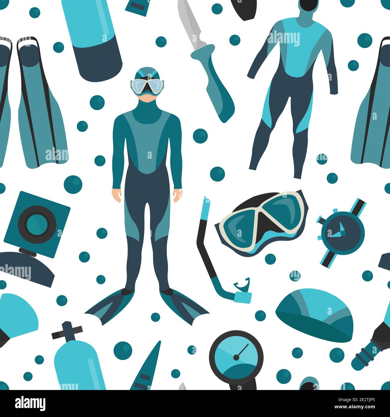 Sporting gear set. Diving equipment and scuba diver male seamless ...