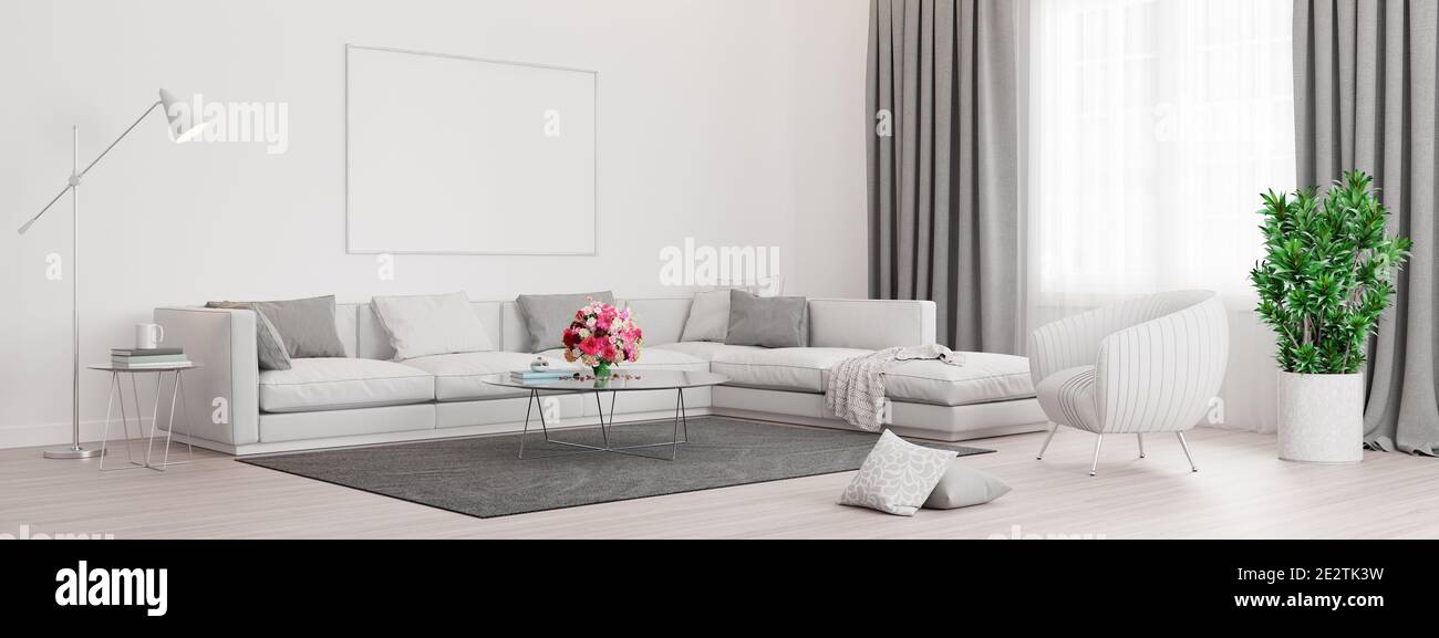 Modern living room interior design with white wall, 3d Render 3d ...