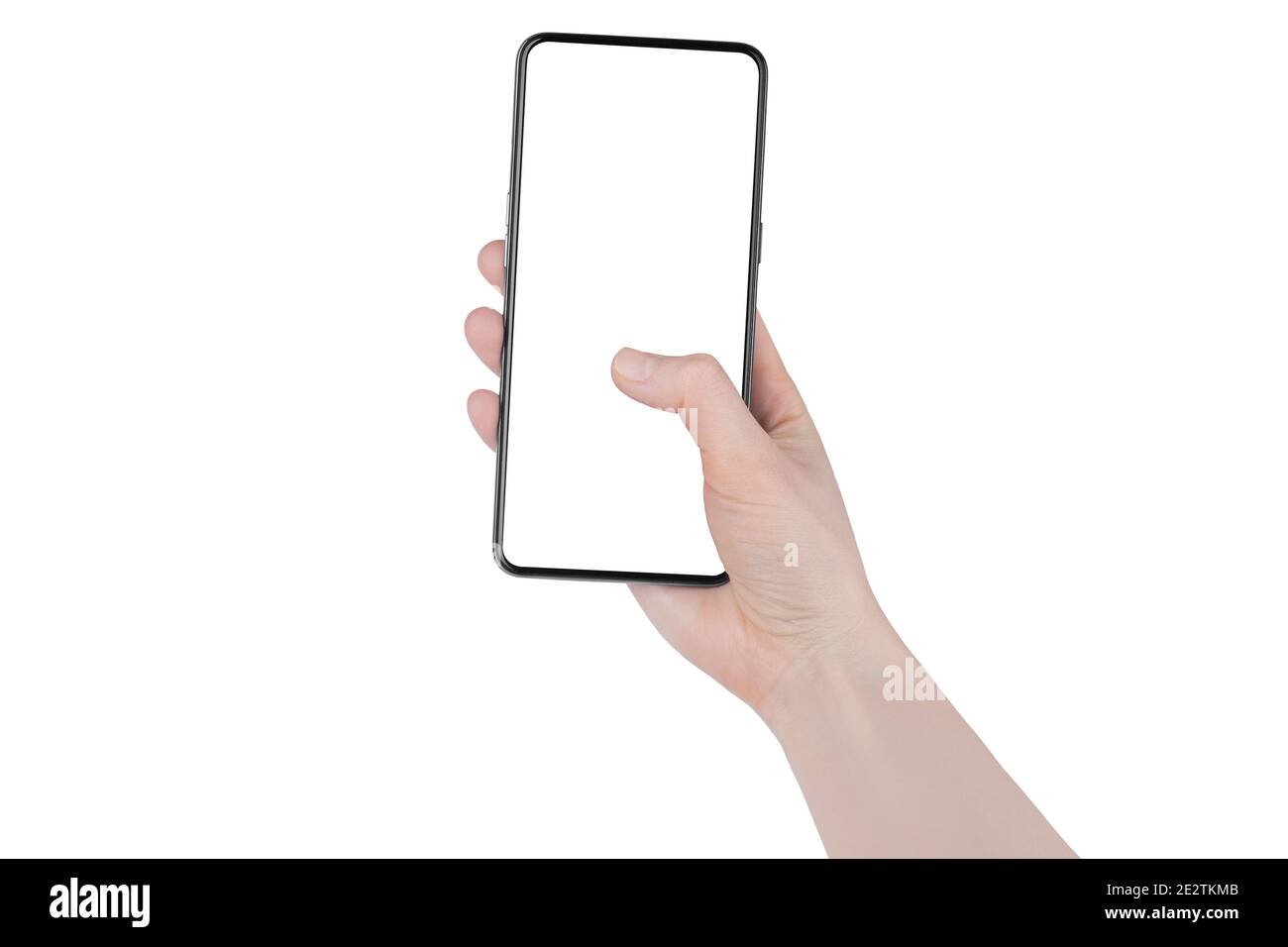 Human hand holding smartphone, finger touching blank screen on white ...
