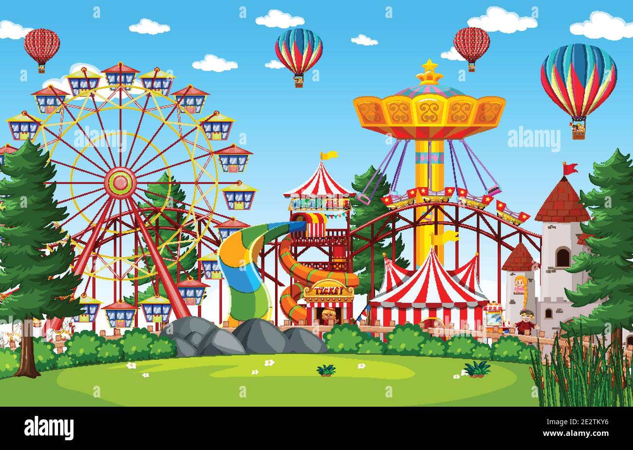 Amusement park scene at daytime with balloons in the sky illustration ...