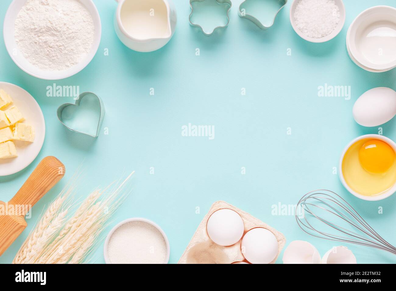 Ingredients for baking on light blue background, space for text Stock ...