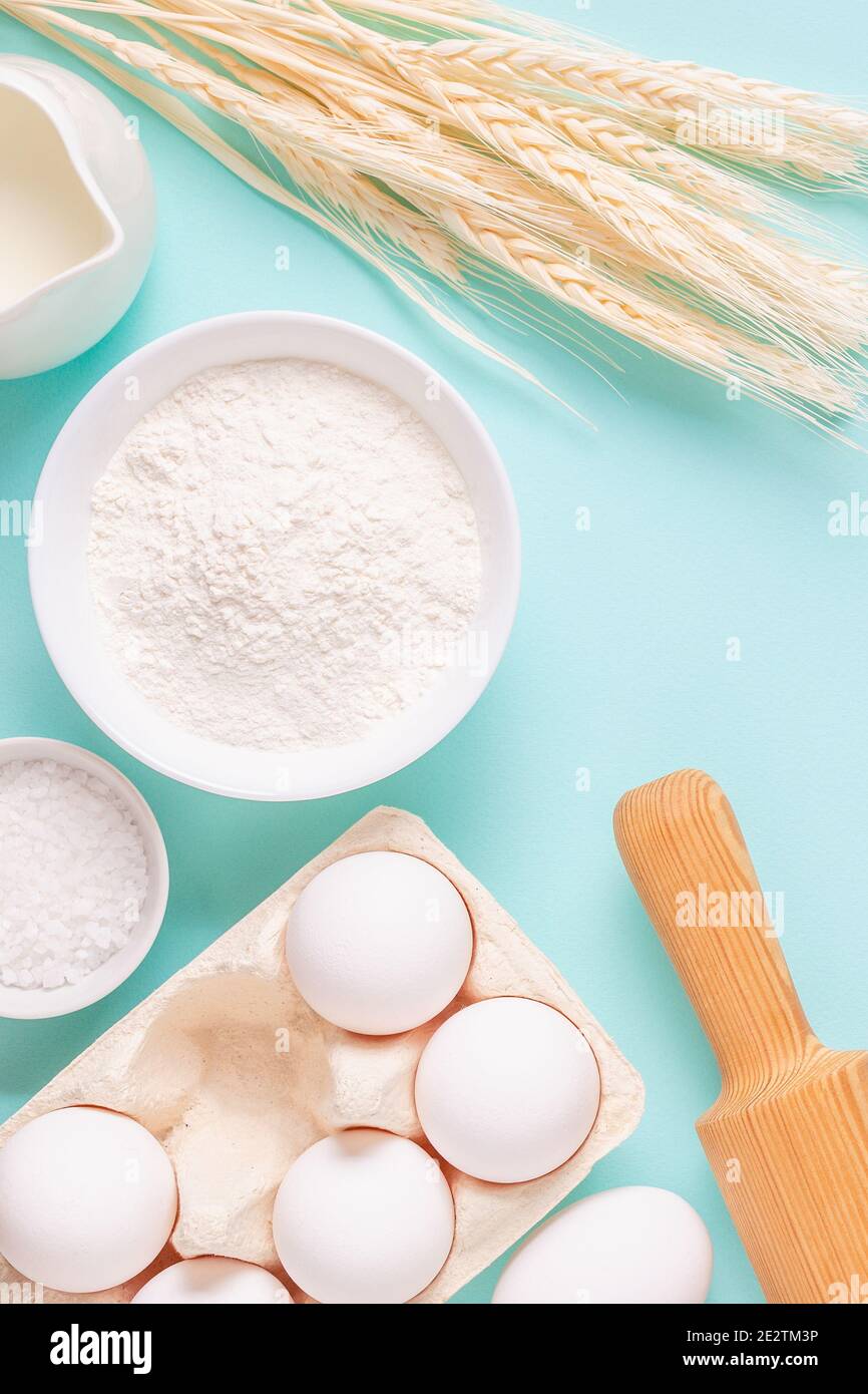 Ingredients for baking on light blue background, space for text Stock ...