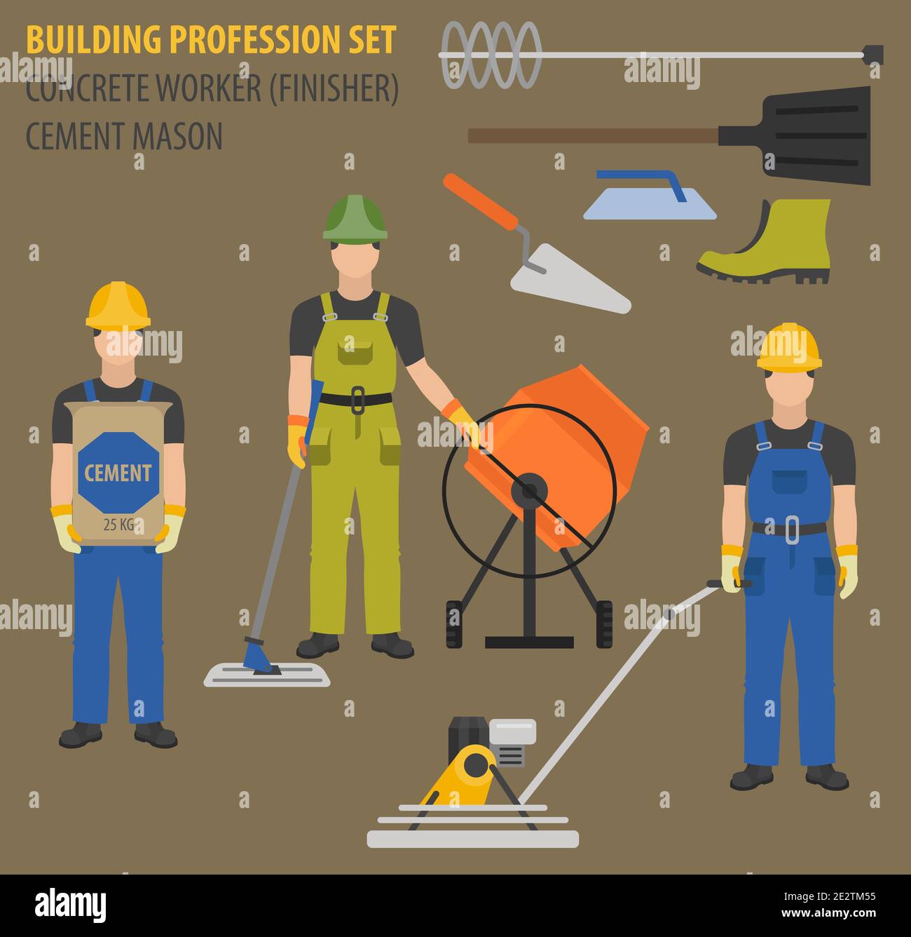 Profession and occupation set. Concrete worker tools and equipment ...