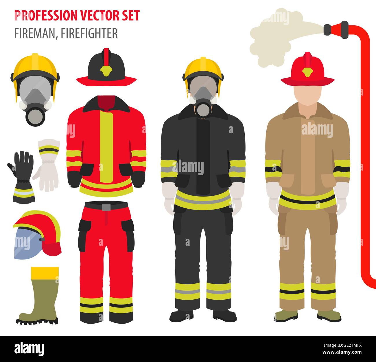 Profession and occupation set. Fireman equipment, firefighter service staff uniform flat design ...