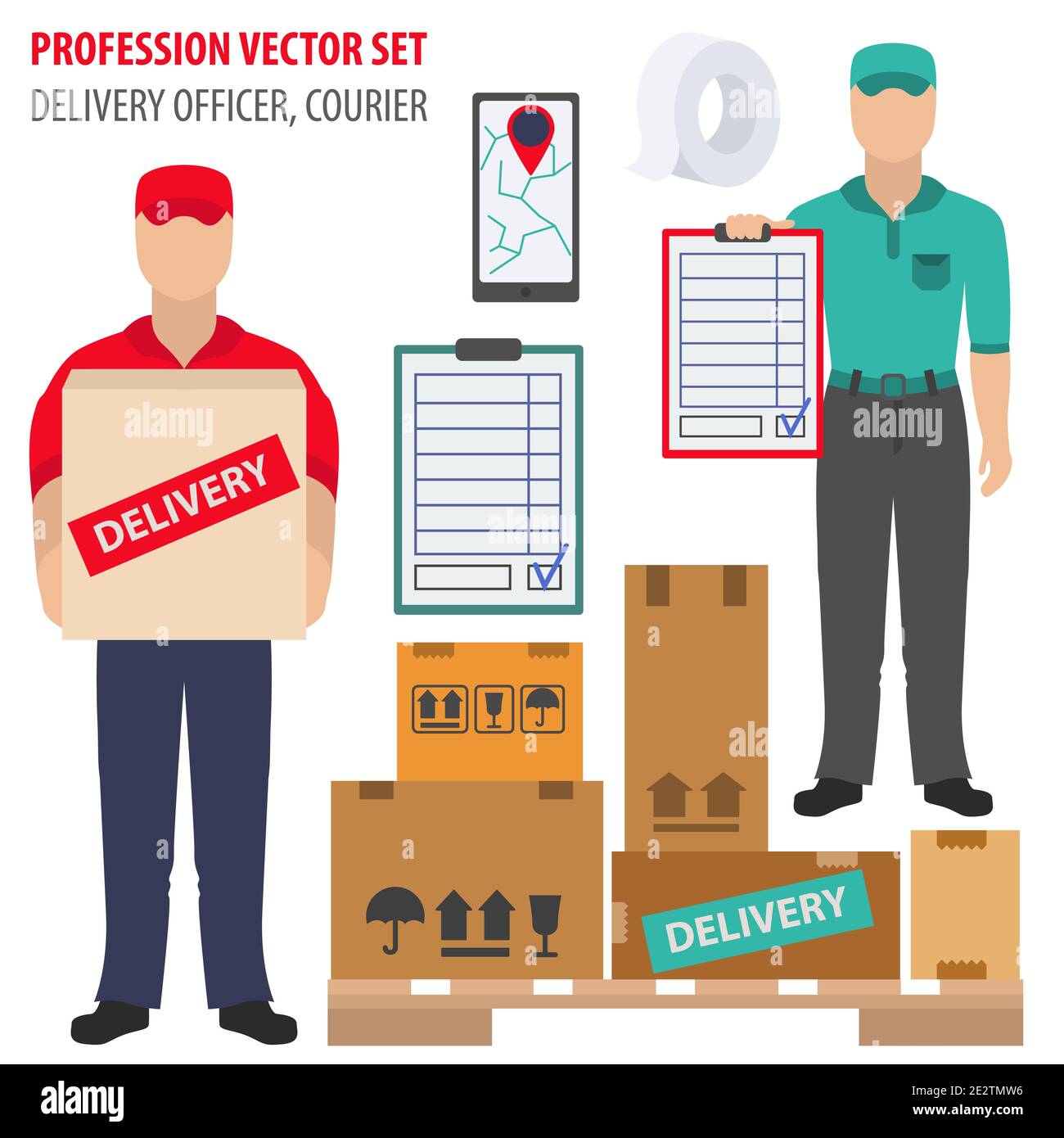 Profession and occupation set. Delivery officer equipment, courier ...