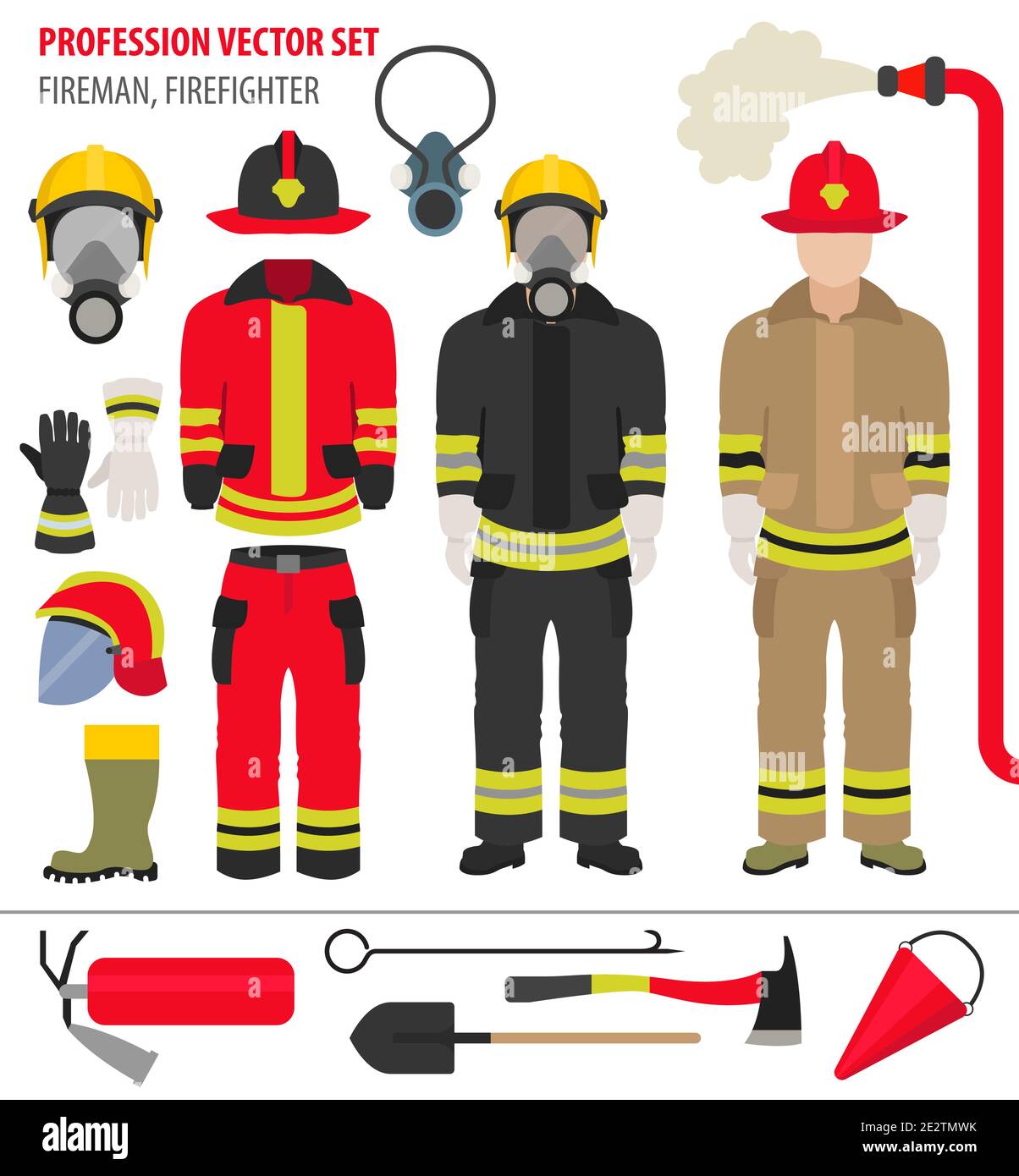 Profession and occupation set. Fireman equipment, firefighter service ...