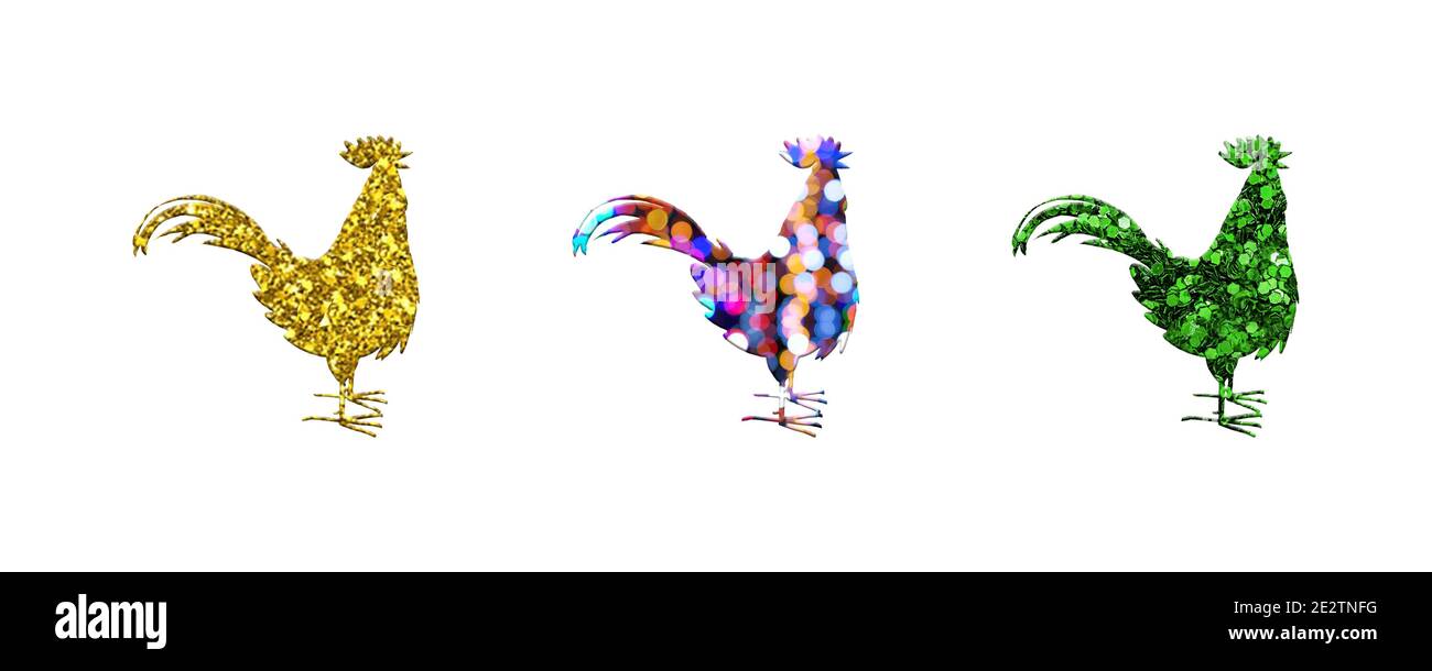 Three roosters with different patterns isolated on a white background ...