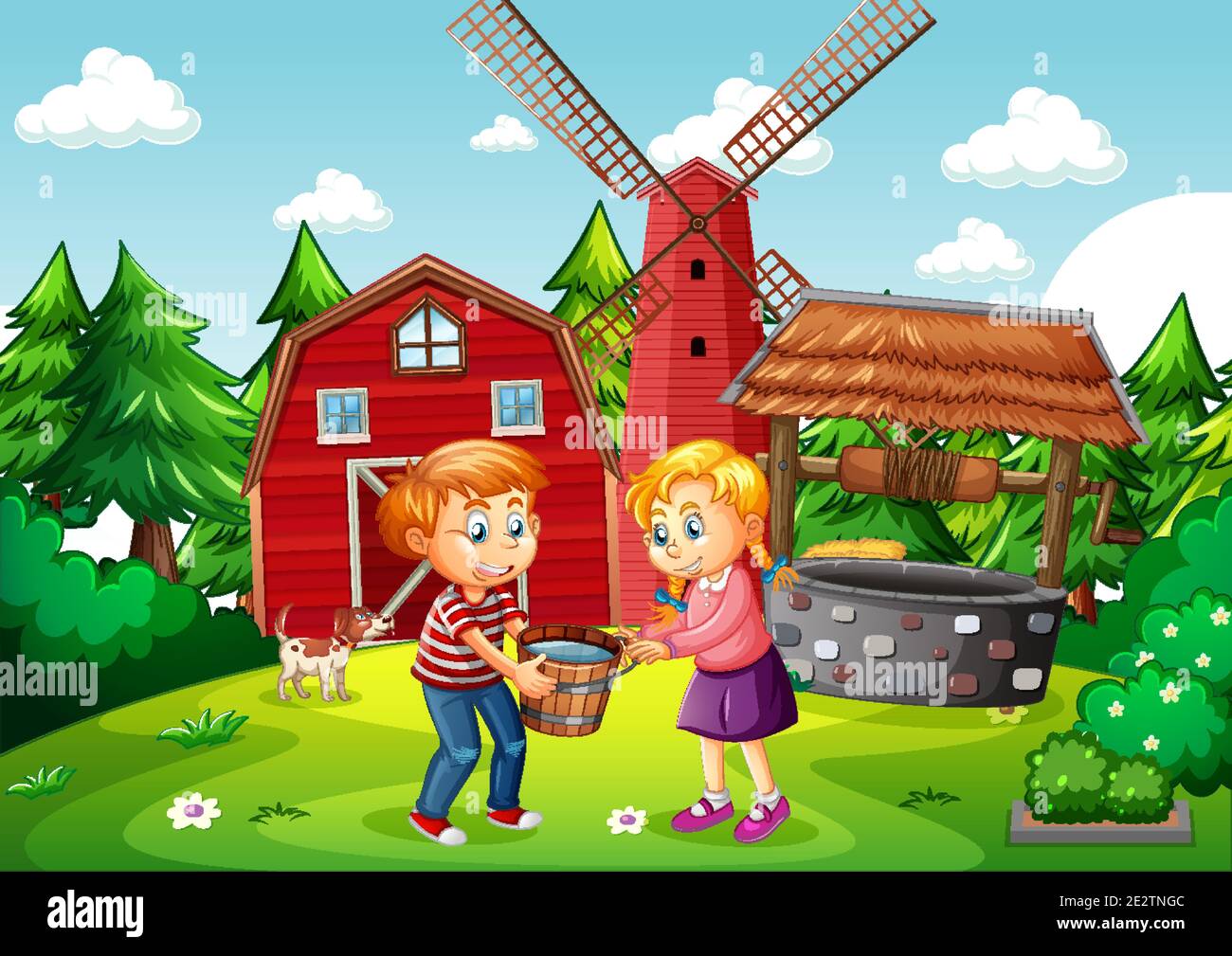 Farm scene with children holding a bucket full of water illustration ...
