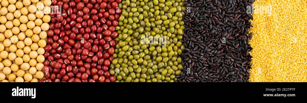 Top view of different grain and cereal varieties in vertical rows Stock ...