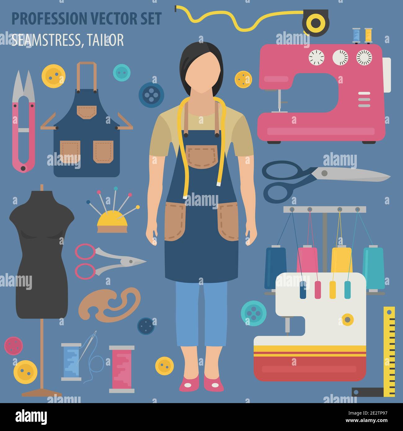 Profession and occupation set. Seamstress and tailor equipment, uniform ...
