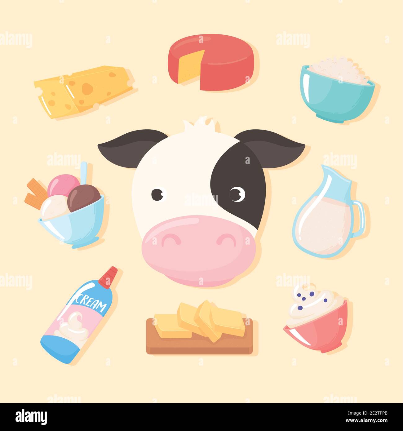 milk dairy cartoon icons set cow cheese cream butter ice cream vector ...