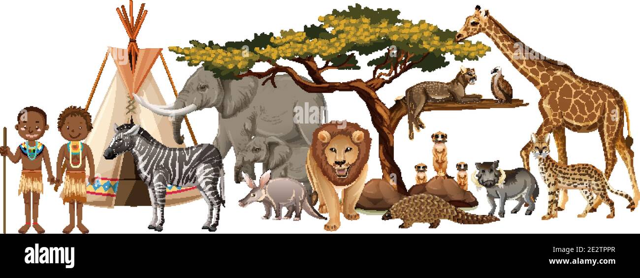African tribe with group of wild african animal on white background ...