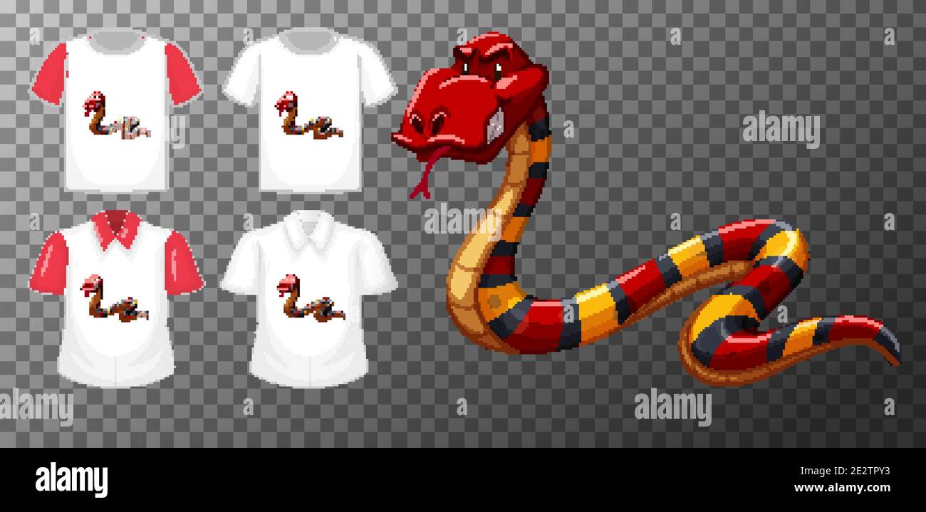 Set of different shirts with snake cartoon character isolated on ...