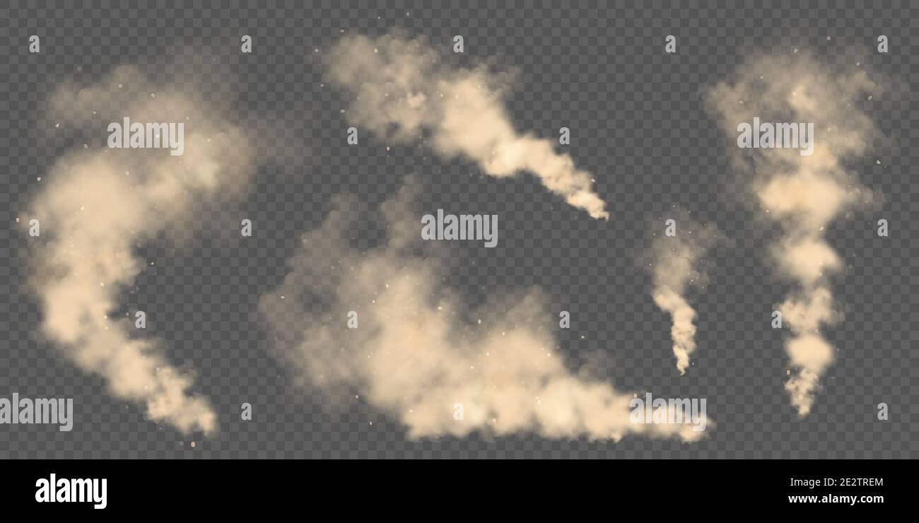 Realistic dust clouds. Road sand storm. Polluted dirty brown air with ...