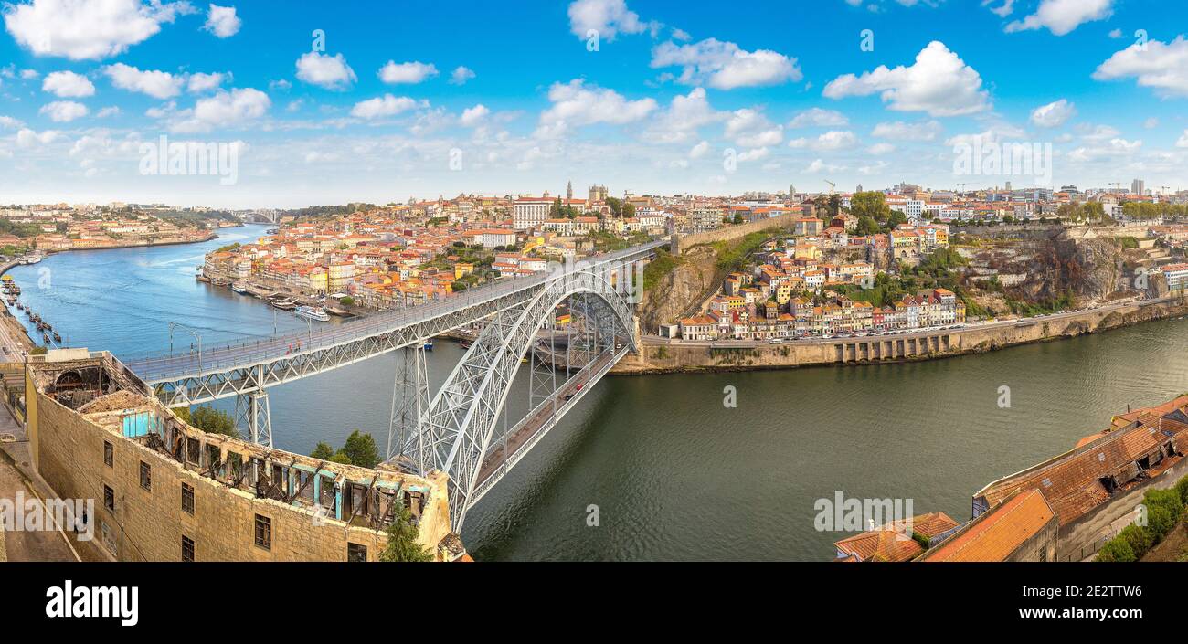 Panoramic aerial view of Dom Luis Bridge in Porto in a beautiful summer ...