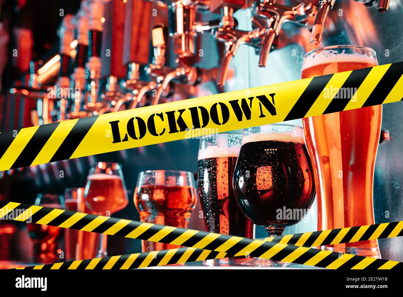 Glasses of different types of beer at bar with bounding tapes Lockdown ...