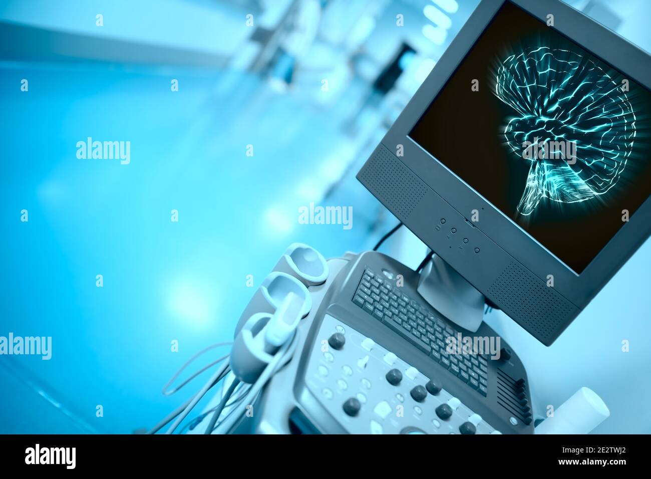 Brain force On the monitor screen in an abstract scientific corridor ...