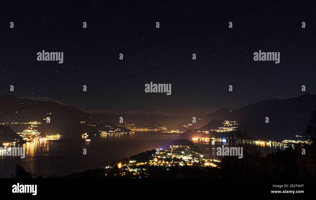 Night over the lake. Night panorama of Lake Como from above Bellagio ...