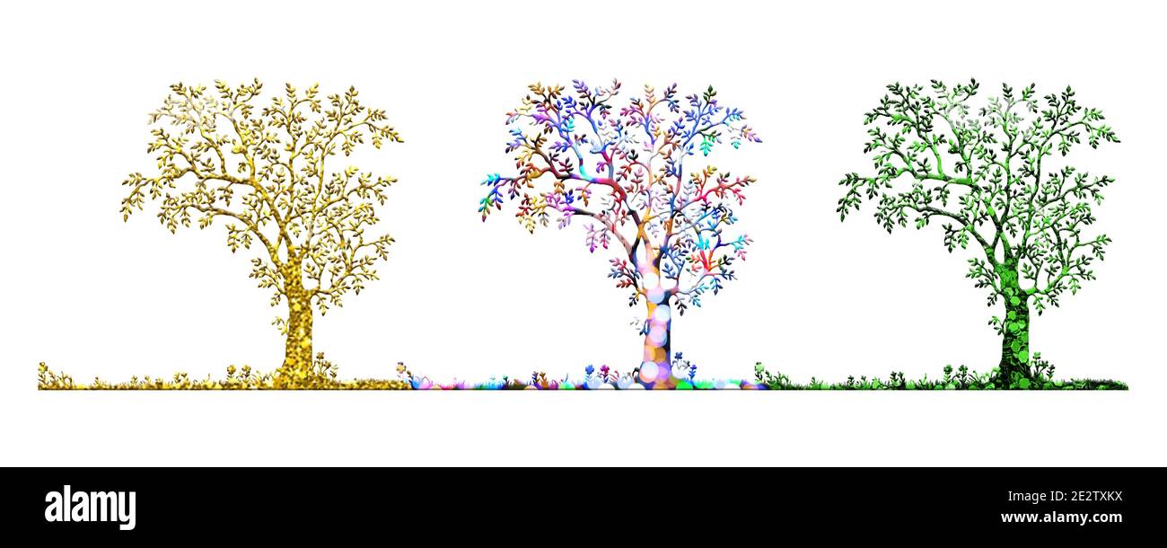 Three trees with different patterns isolated on a white background ...