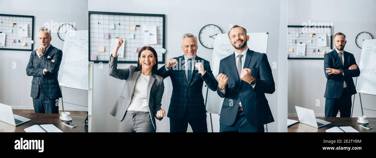 Collage of cheerful businesspeople showing yeah gesture and businessmen ...