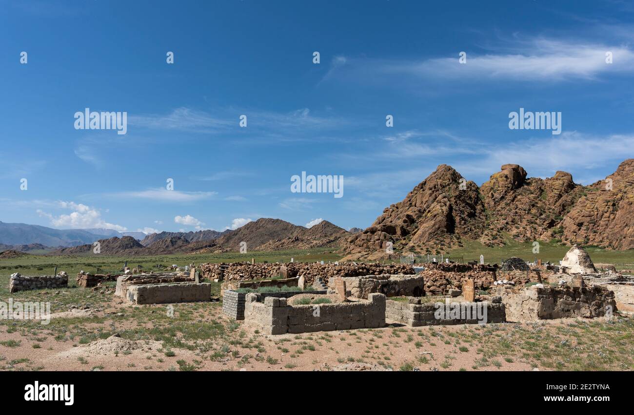Bayan Olgi, Mongolia, August 5, 2019: Gravestones and graveyard in the ...