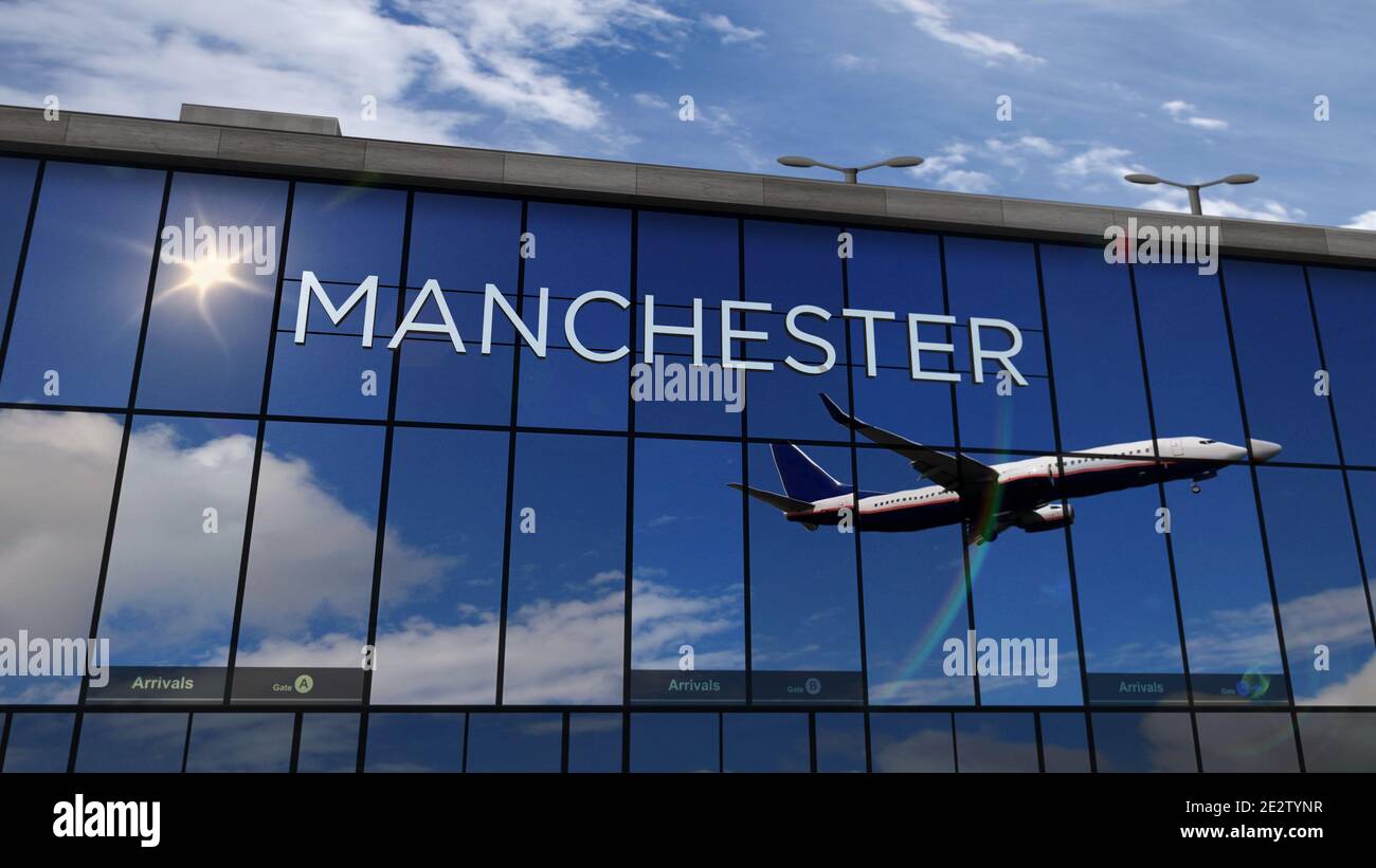 Jet aircraft landing at Manchester, England, GB 3D rendering ...