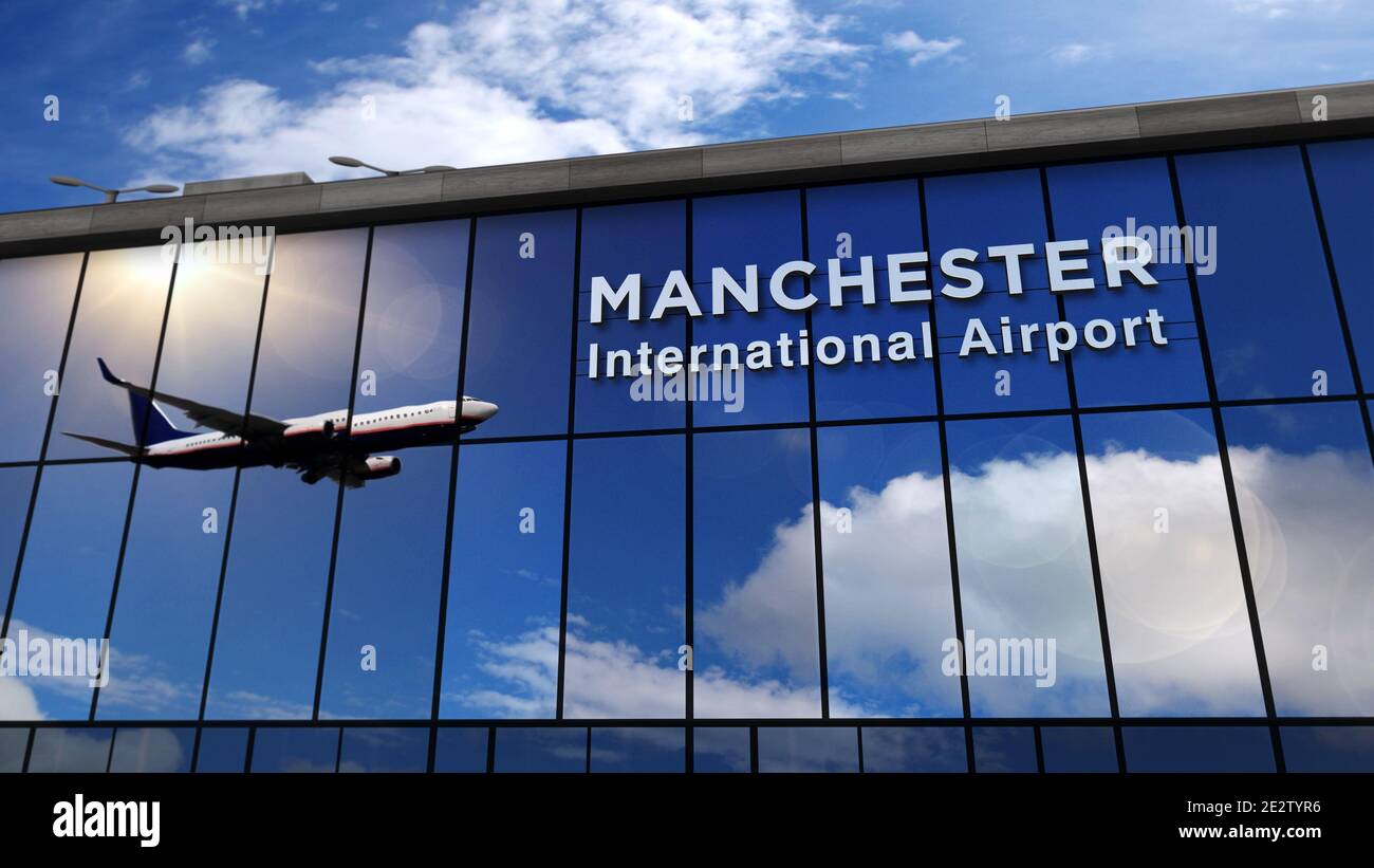 Jet aircraft landing at Manchester, England, GB 3D rendering ...