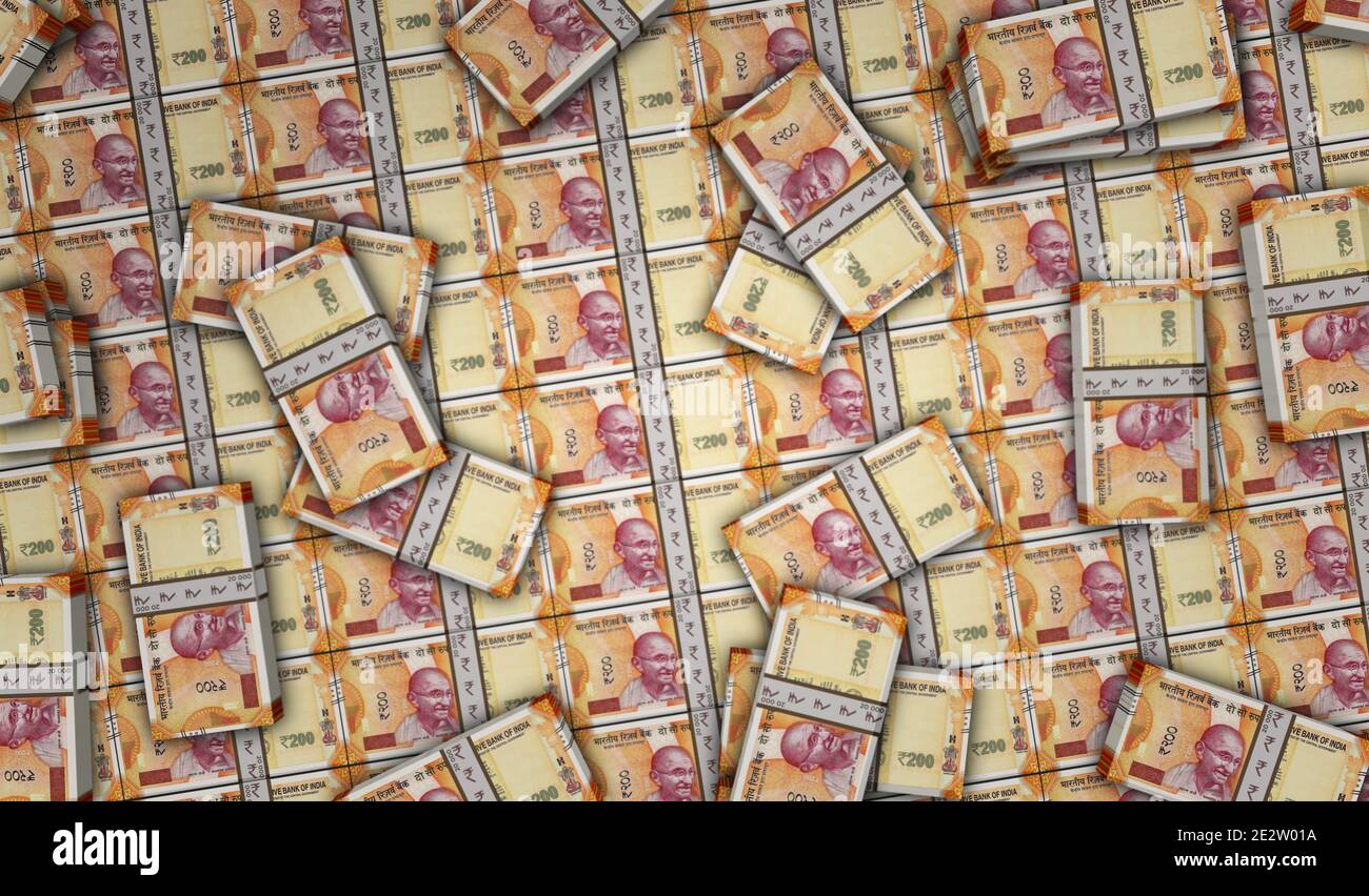 Indian rupee money pack 3d illustration. 200 INR banknote bundle stacks ...