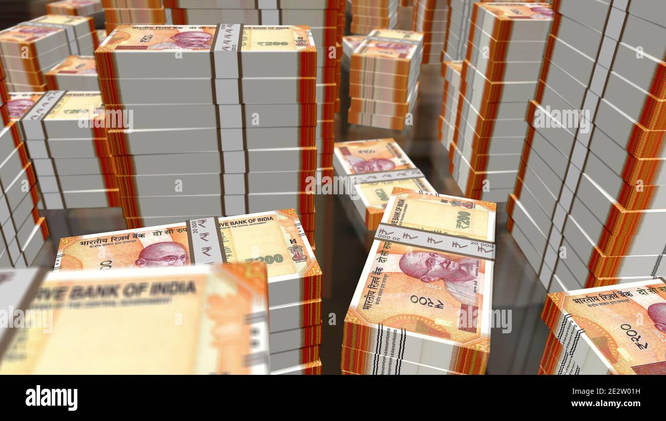 Indian rupee money pack 3d illustration. 200 INR banknote bundle stacks ...