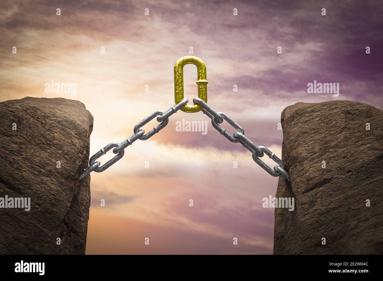 Chain with one unique golden link pulls upwards at sunset magenta day ...