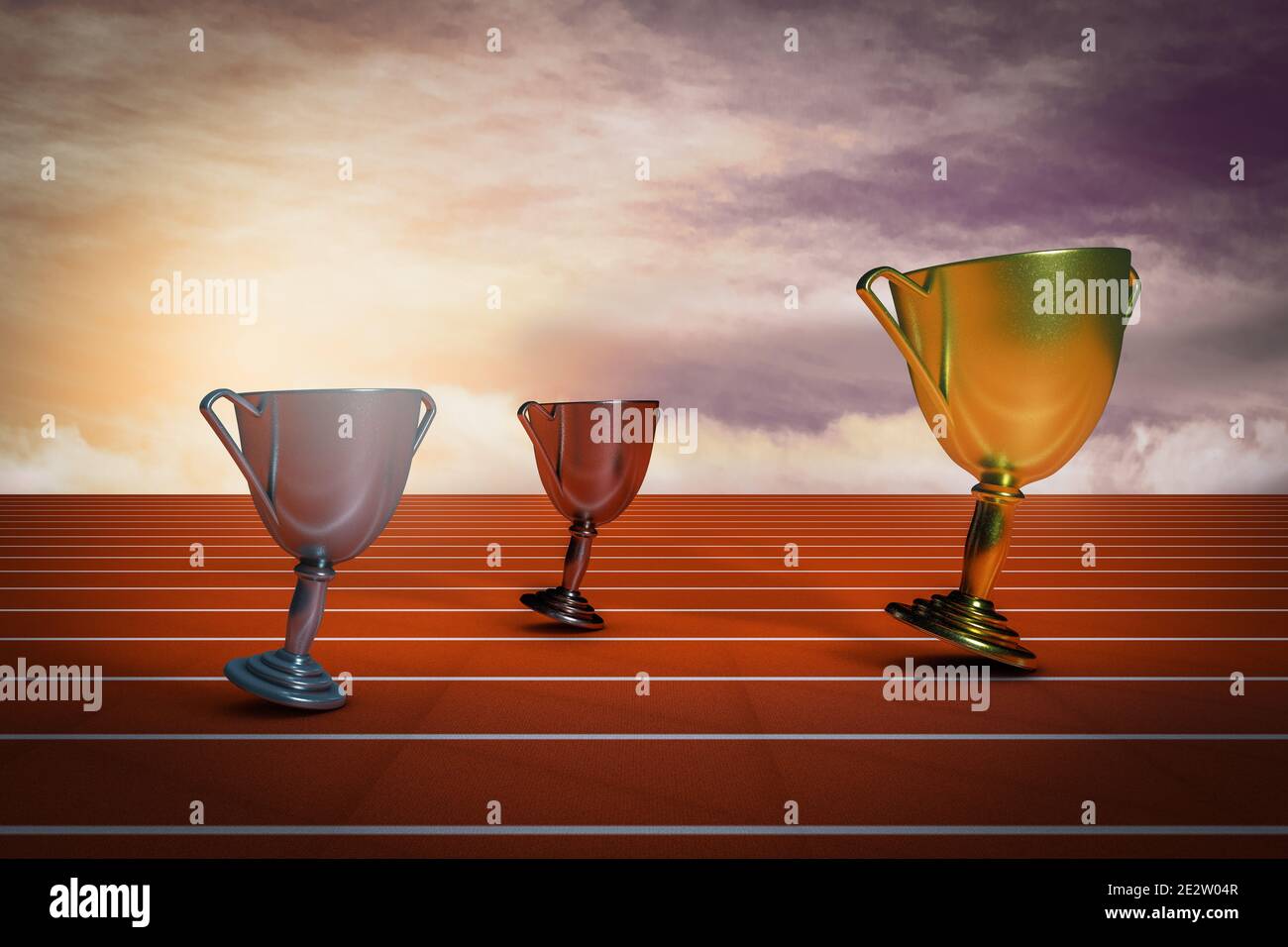 Golden trophy running faster from others trophies at sunset day ...